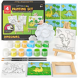 ARTEZA Kids Dinosaur Painting Kit, 4 Canvases 3 x 3 Inches, 4 Easels, 12 Acrylic Paints, 2 Paint Brushes, 1 Palette, Kids Activities for Ages 6 and Up