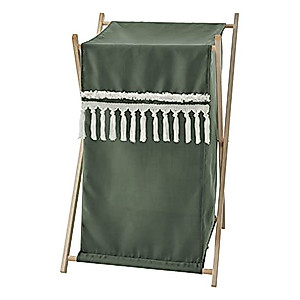 Sweet Jojo Designs Dark Green Boho Chic Baby Kid Clothes Laundry Hamper - Solid Sage Hunter Ivory Bohemian Gender Neutral Linen Tassel Macrame Modern Farmhouse Designer Minimalist Tuft Fringe