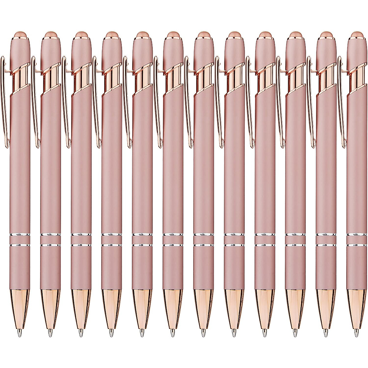 LINFANC 12 Pack Rose Gold Ballpoint Pen with Stylus Tip, 1.0 mm Black Ink Smooth Writing Pens, Metal Stylus Pens for Touch Screens