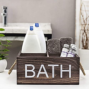 MyGift Bathroom Organizer 4 Cup Bin, 4-Compartment Rustic Dark Brown Wood Bath Caddy Storage Crate with Rope Handles