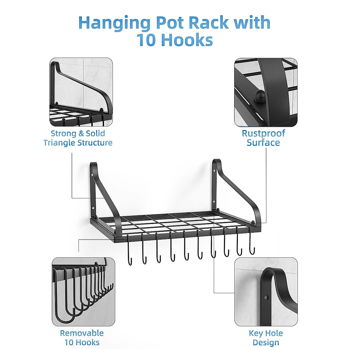 Pots and Pans Organizer - MUDEELA Hanging Pot Rack with 10 Hooks Wall Mounted Pot Pan Rack, Kitchen Wall Shelves for Cookware, 2 DIY Methods, Ideal for Pots Set, Utensils, Cookware