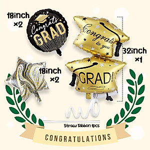 5pcs Graduation Theme Balloon Bouquet Set丨Golden Graduation Hat Foil Balloons丨Black Gold Marble Heart Balloons丨Congratulations Grad Round Balloons for Graduation Season We Are Proud of You Decoration