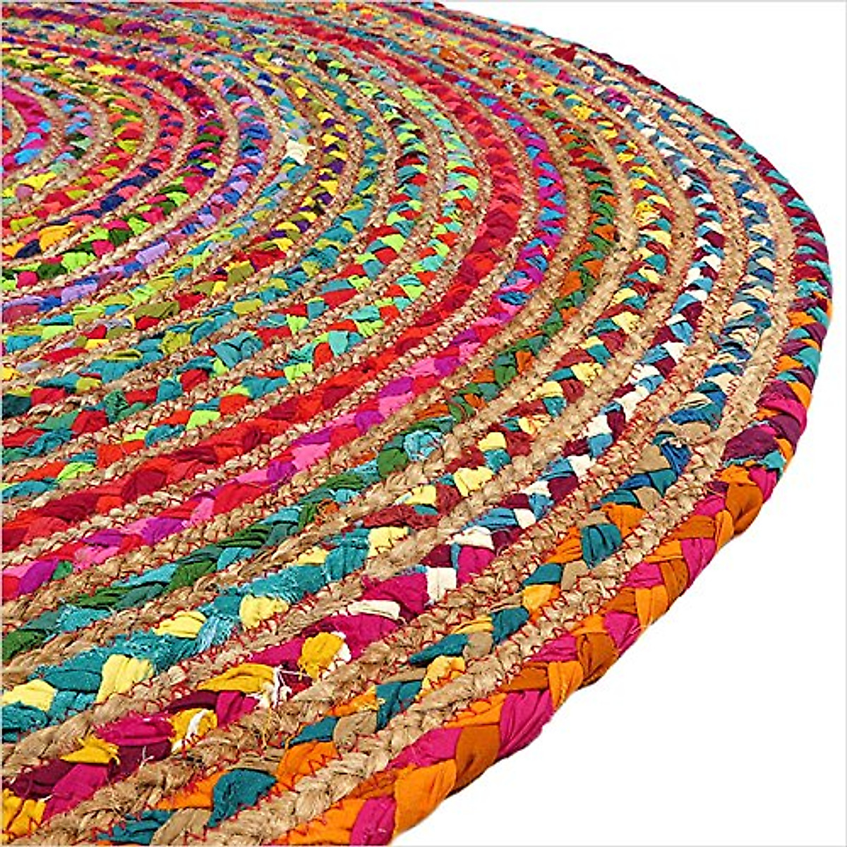 Eyes of India - 6 ft Round Colorful Natural Jute Chindi Sisal Woven Area Braided Rug Boho Chic Bohemian Accent Indian Handmade Handwoven
