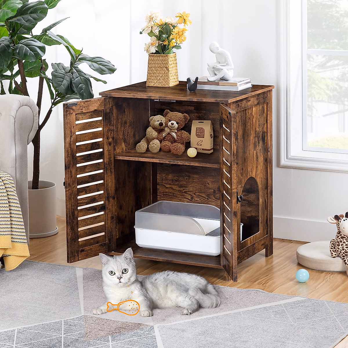 HOOBRO 2-Tier Cat Litter Box Enclosure, Double Layer Hidden Litter Box Furniture, Shutter Storage Cabinet, Multifunctional Hidden Cat Litter Box with Large Storage Space, Rustic Brown FG45MW01