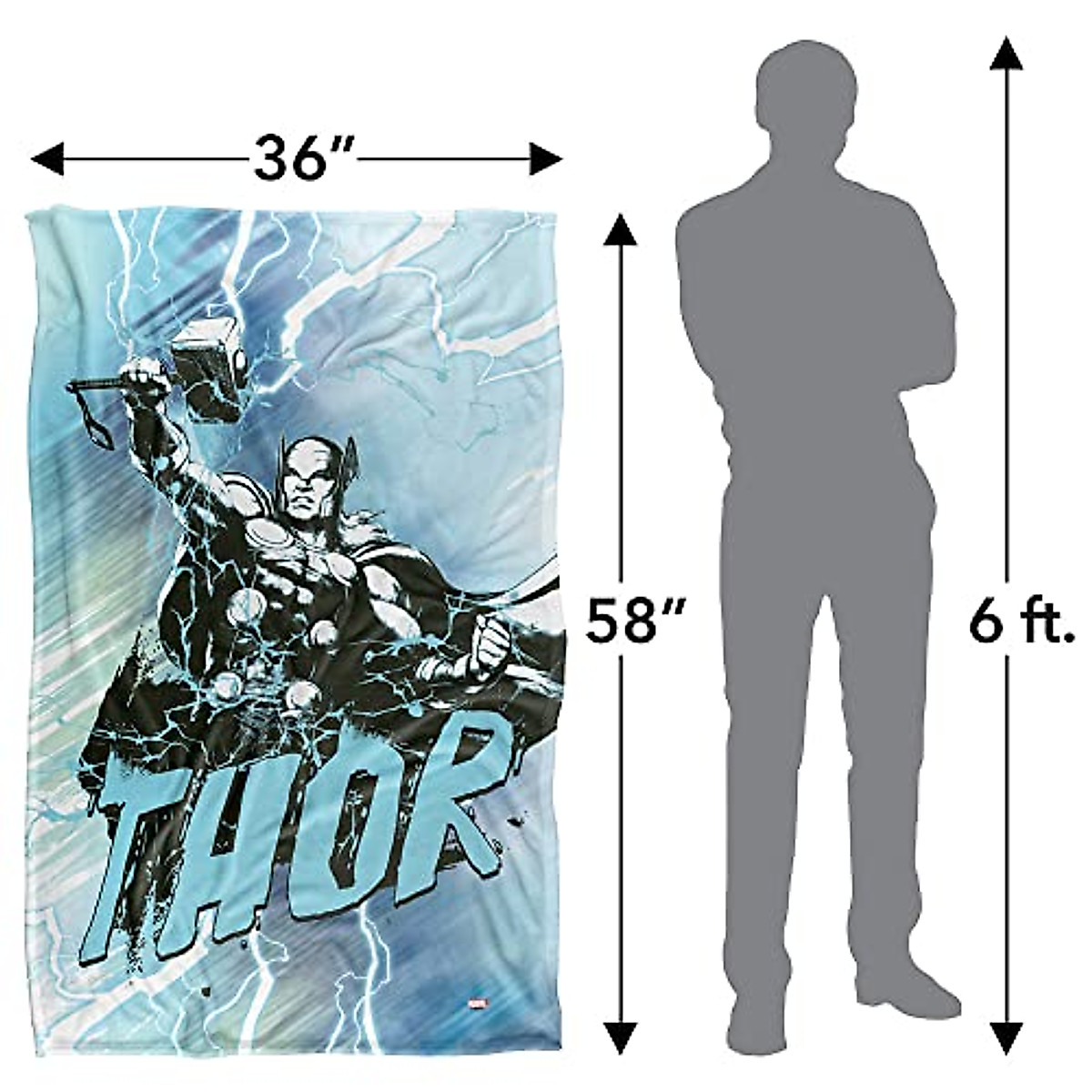 Marvel Thor Blanket, 36"x58", Thor Blue Lightning, Silky Touch Super Soft Throw Blanket