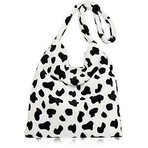 Fluffy Shoulder Bag Flower Cow Plush Underarm Handbag Bag Fluffy Purse Small Clutch Bag for Women Autumn Winter (White and Black, Shoulder Bag)