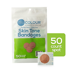 Tru Colour - Spot Bandages, Flexible Fabric Adhesive Bandages, Olive Skin Tone Shade, Green Bag, 50 Count