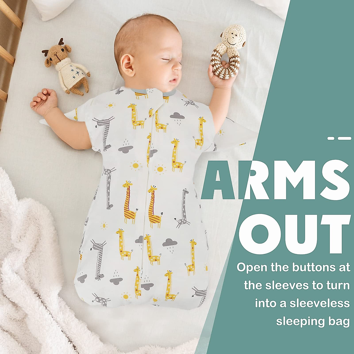 2 Pack Transition Swaddle with 2 Way Zipper, 100% Cotton Baby Swaddle Arms in/Out Arms Free Design Transitional Swaddle, Arms Up Sleeping Sack Baby Sleep Sack for Baby 0-3 Months, Giraffe & Squirrel