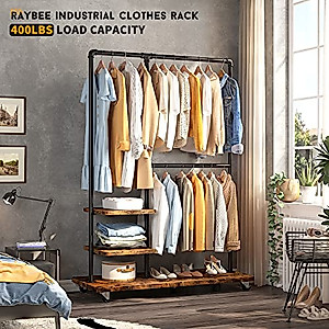 Raybee Clothes Rack Heavy Duty Clothing Rack, 400LBS Rolling Garment Rack with Shelves, Industrial Clothing Rack with Shelves, Portable Adjustable Clothes Rack for Hanging Clothes, Rustic Brown