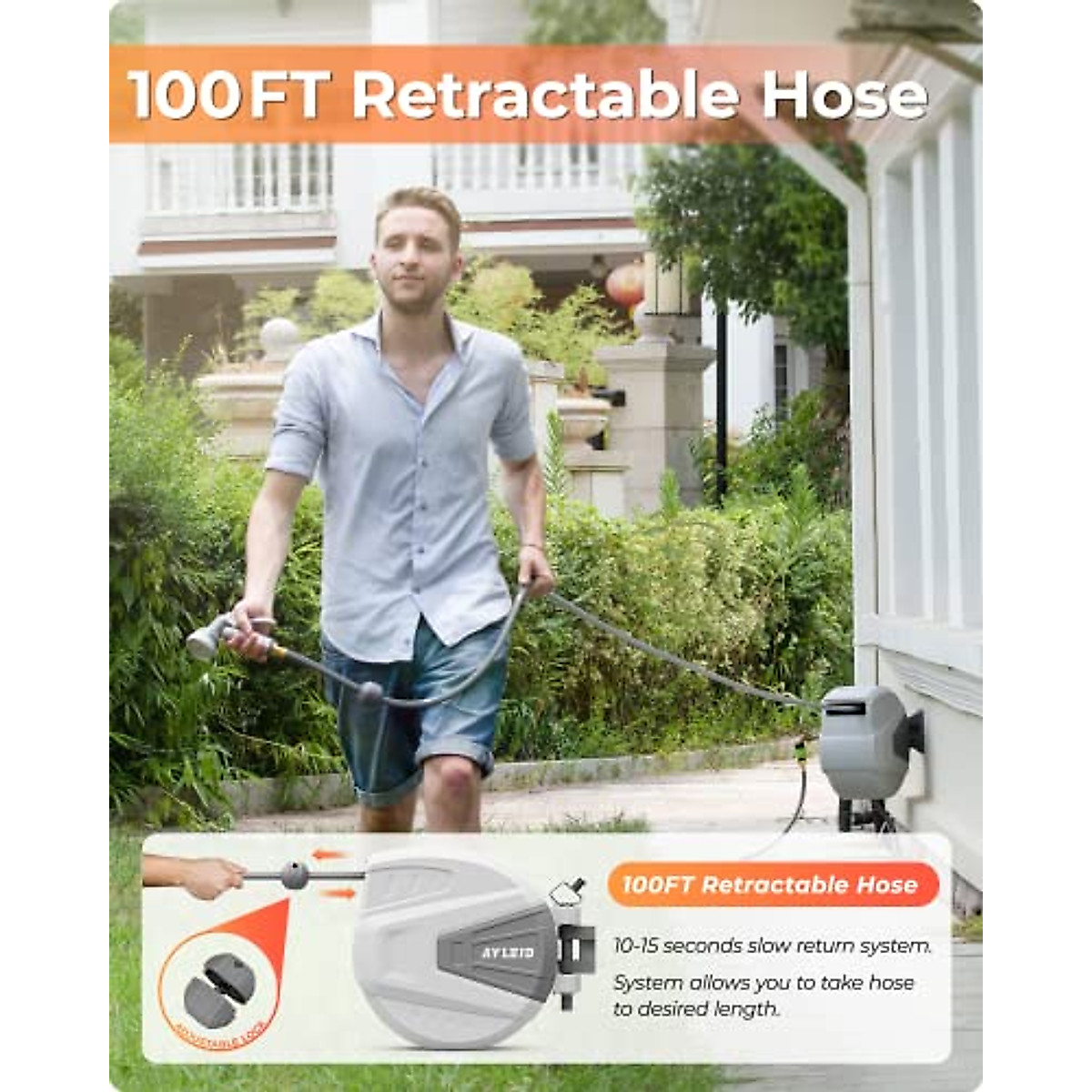 Ayleid Retractable Garden Hose Reel,1/2 in x 100 ft Wall Mounted Hose Reel, with 9- Function Sprayer Nozzle, Any Length Lock/Slow Return System/Wall Mounted/180°Swivel Bracket (Grey)