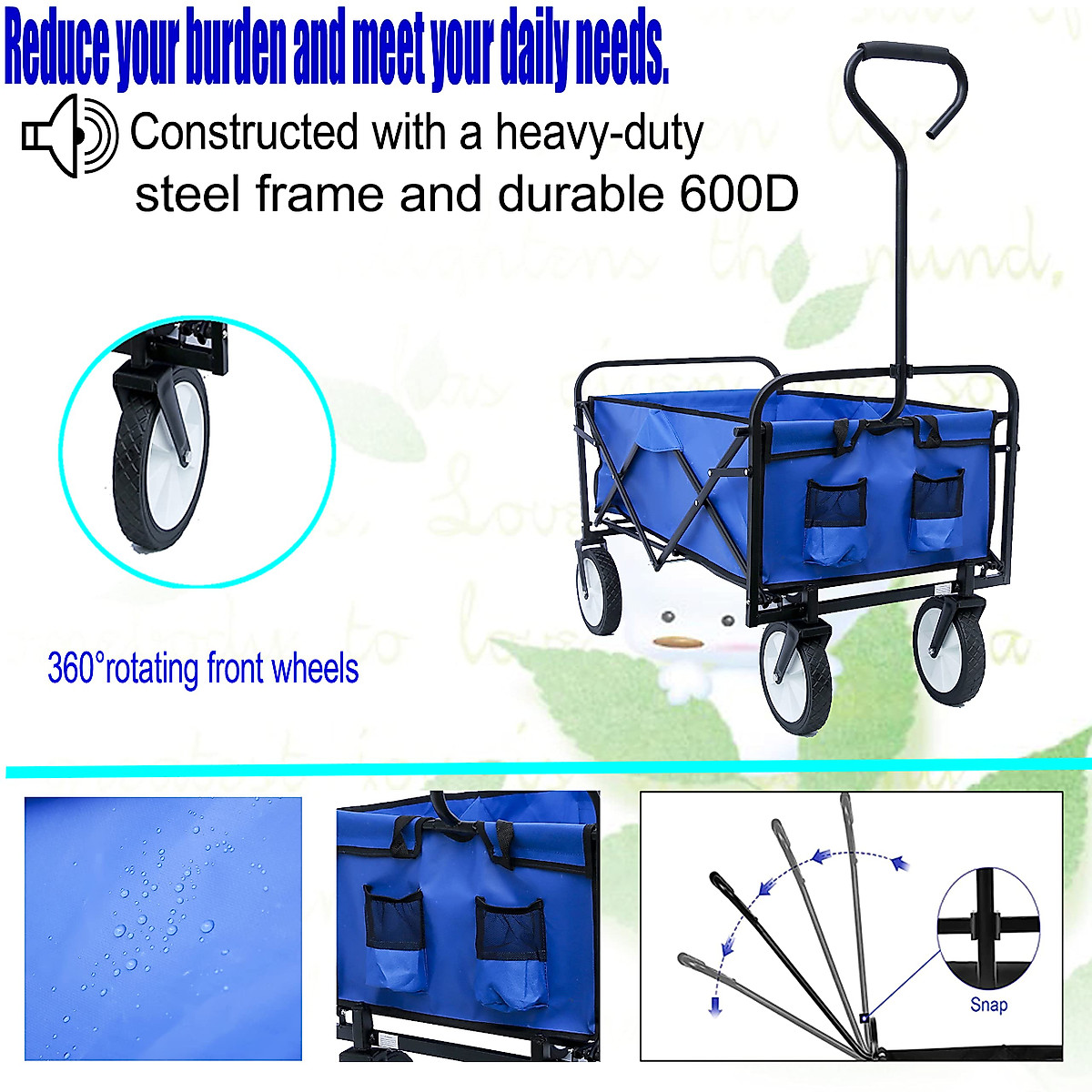 Versatile Folding Beach Wagon Cart with Wheels, Cargo Net, and Straps - Heavy Duty, Collapsible, Portable Utility Cart for Shopping, Camping, Gardening, and More (1, Blue + Steel)