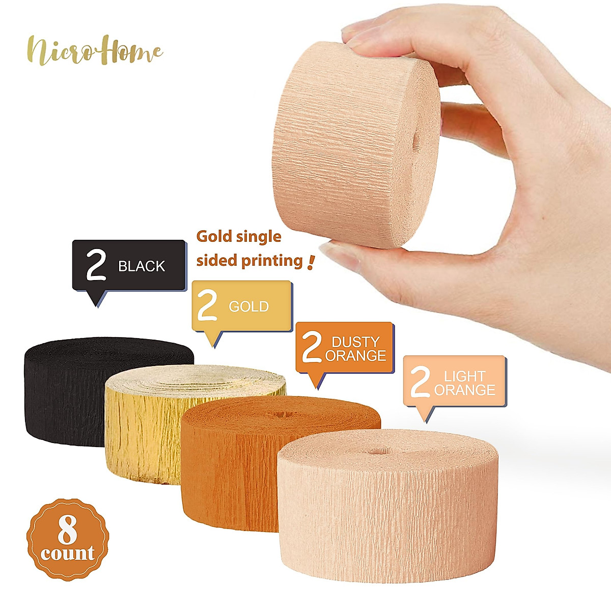 NICROHOME Thanksgiving Party Decorations, 8 Rolls Gold Orange Crepe Paper Streamers, Black Tassels Paper for Retro Parties, Birthday, Harvest Party Supplies, Fall Wedding Party Decorations