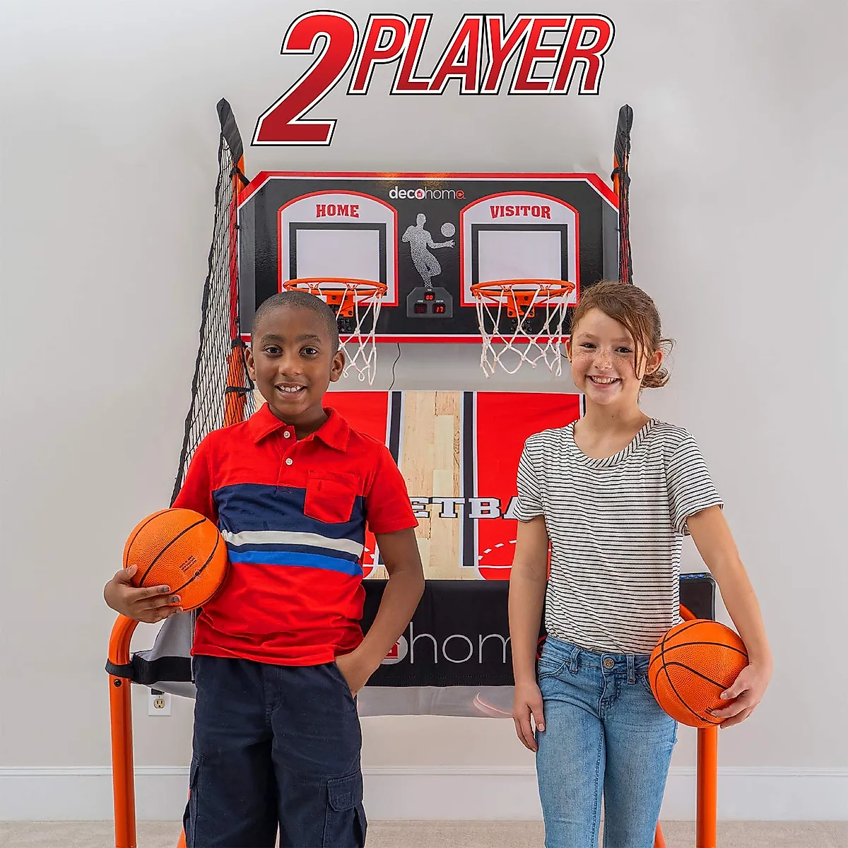 Deco Home Arcade Basketball Game with Dual Rim Backboard, Includes Electronic Tracking LED Scoreboard with 8 Game Modes for 1-4 Players, 5 Game Balls, Air Pump, Folding Assembly for Easy Storage