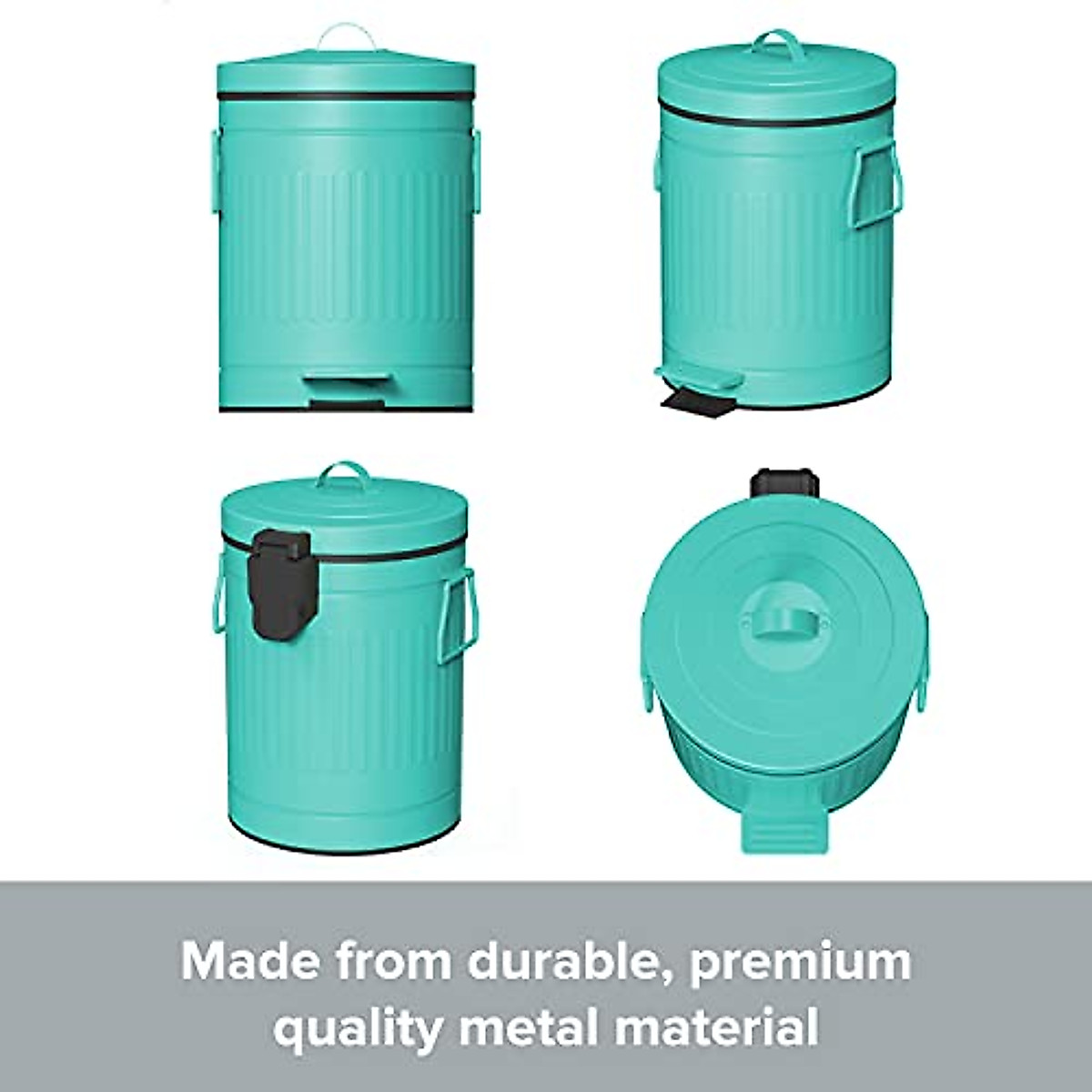 Trashaholic Retro 8L Round Metal Trash Can with Lid and Handles, Teal, 12-Inch