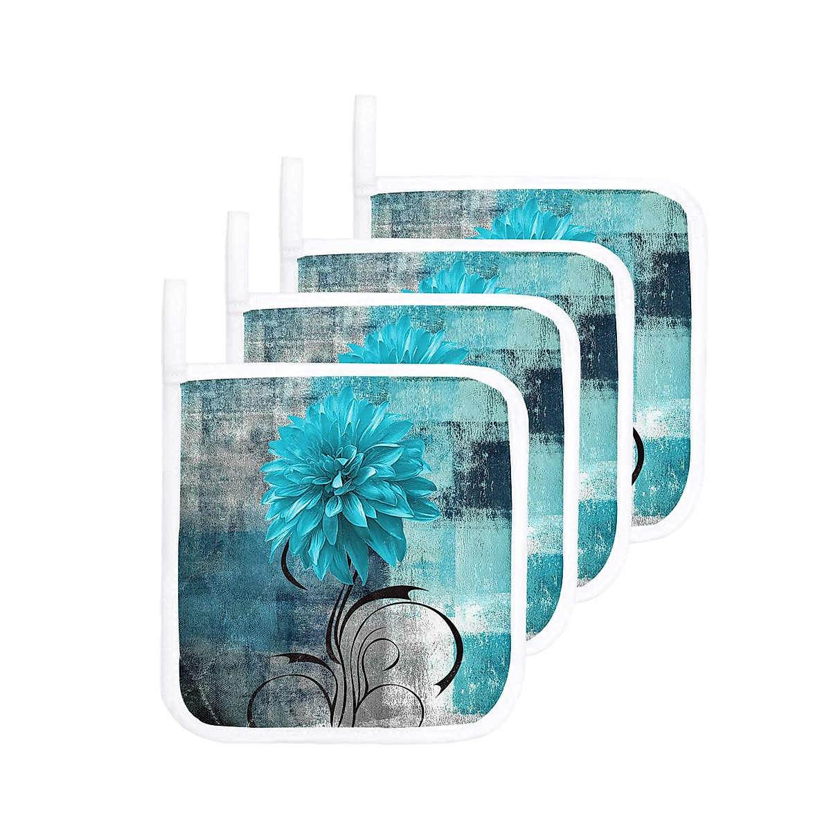 4 Pack Pot Holders for Kitchen,Blue Green Gradient Teal Turquoise Dahlia Floral Heat Proof Potholder Hot Pads Trivet,Flower Abstract Art Oil Painting Washable Coaster Potholders for Cooking Baking