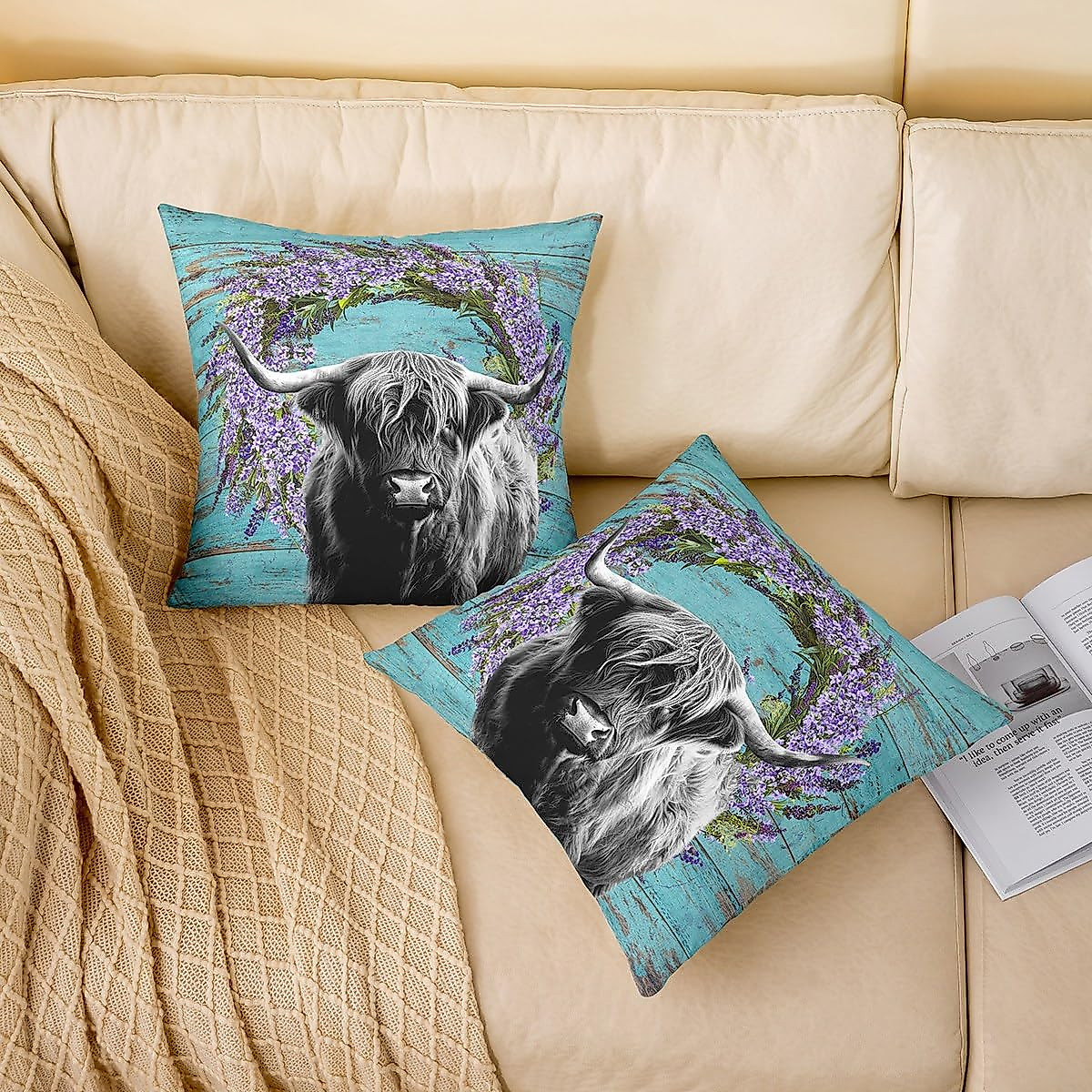 Rustic Farmhouse Wooden Board Pillow Cover Reversible Print for Bed or Sofa,Lavender Flowers Wreath Decorative Cushion Cover,Highland Cow Bull Cattle Couch Pillow Cover,Single Pack 24"x 24"