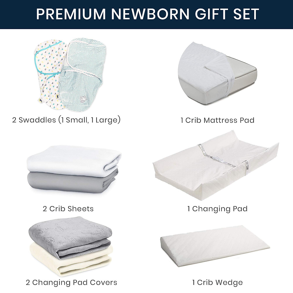 Serta 9-Piece Nursery-in-a-Box Newborn Baby Gift Set for Boys and Girls – Set Includes 2 Swaddles, Changing Pad, 2 Changing Pad Covers, 2 Crib Sheets, Crib Mattress Pad and Crib Wedge, White/Grey