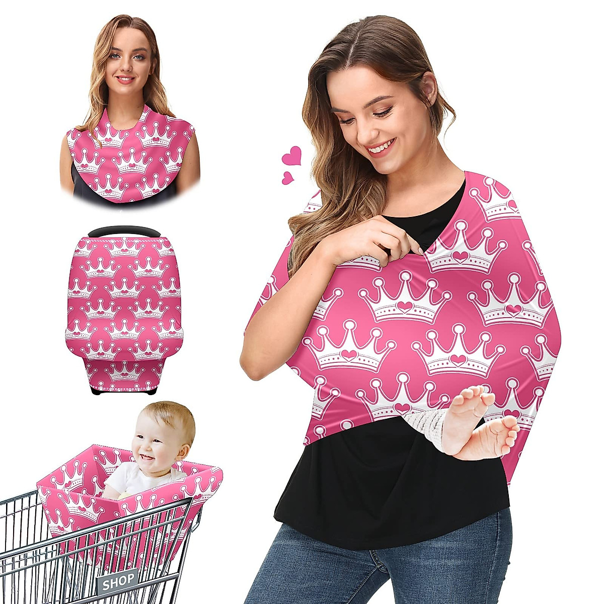 Baby Car Seat Covers Pink Girly Princess Royalty Crown Nursing Cover Breastfeeding Scarf Stroller Cover for Babies Multiuse Infant Carseat Canopy for Boys Girls, Shower Gifts