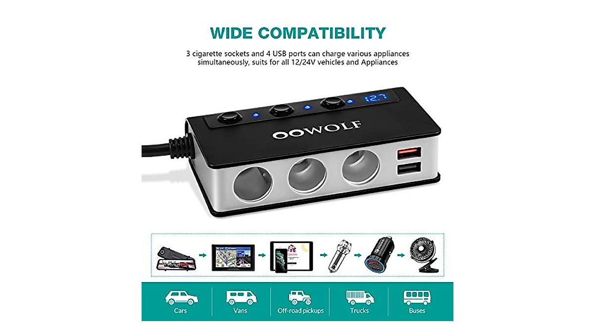 OOWOLF Car Power Adapter with Quick Charge 3.0 - 180W, 4 USB Ports
