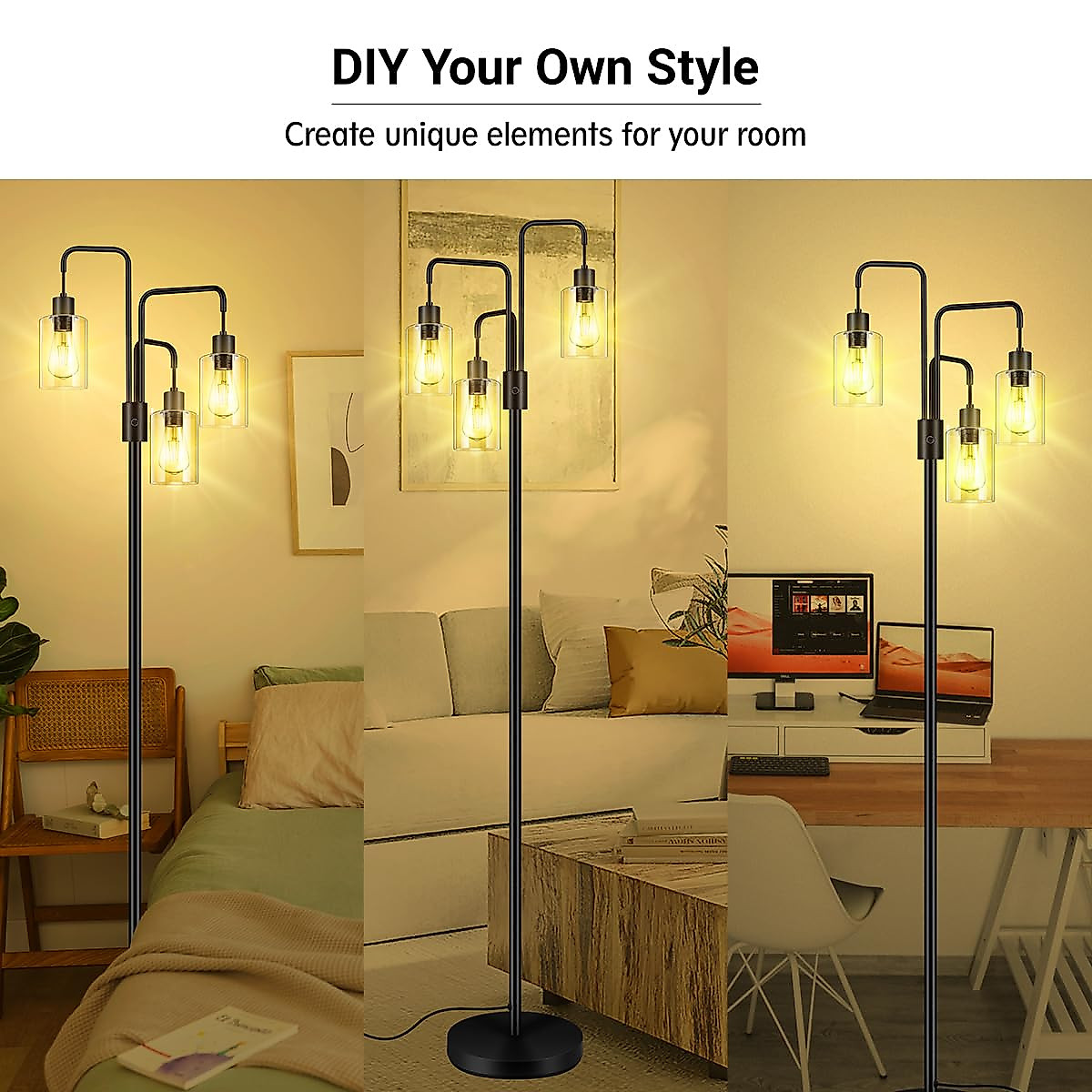 BoostArea Industrial Floor Lamp for Living Room,Glass Lampshade,Modern Stand Up Lamp with 3 Light,Simple Design Floor Lamp for Bedroom, Living Room, Office, Kids Room, Reading