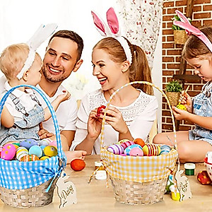4 Pcs Easter Basket Picnic Basket Woven Basket with Handle Wooden Cute Baskets for Wood Basket Picnic Hamper Easter Eggs and Candy Basket with 4 Bags Lafite Grass 4 Pcs Rabbit Wood Chips (Plaid)