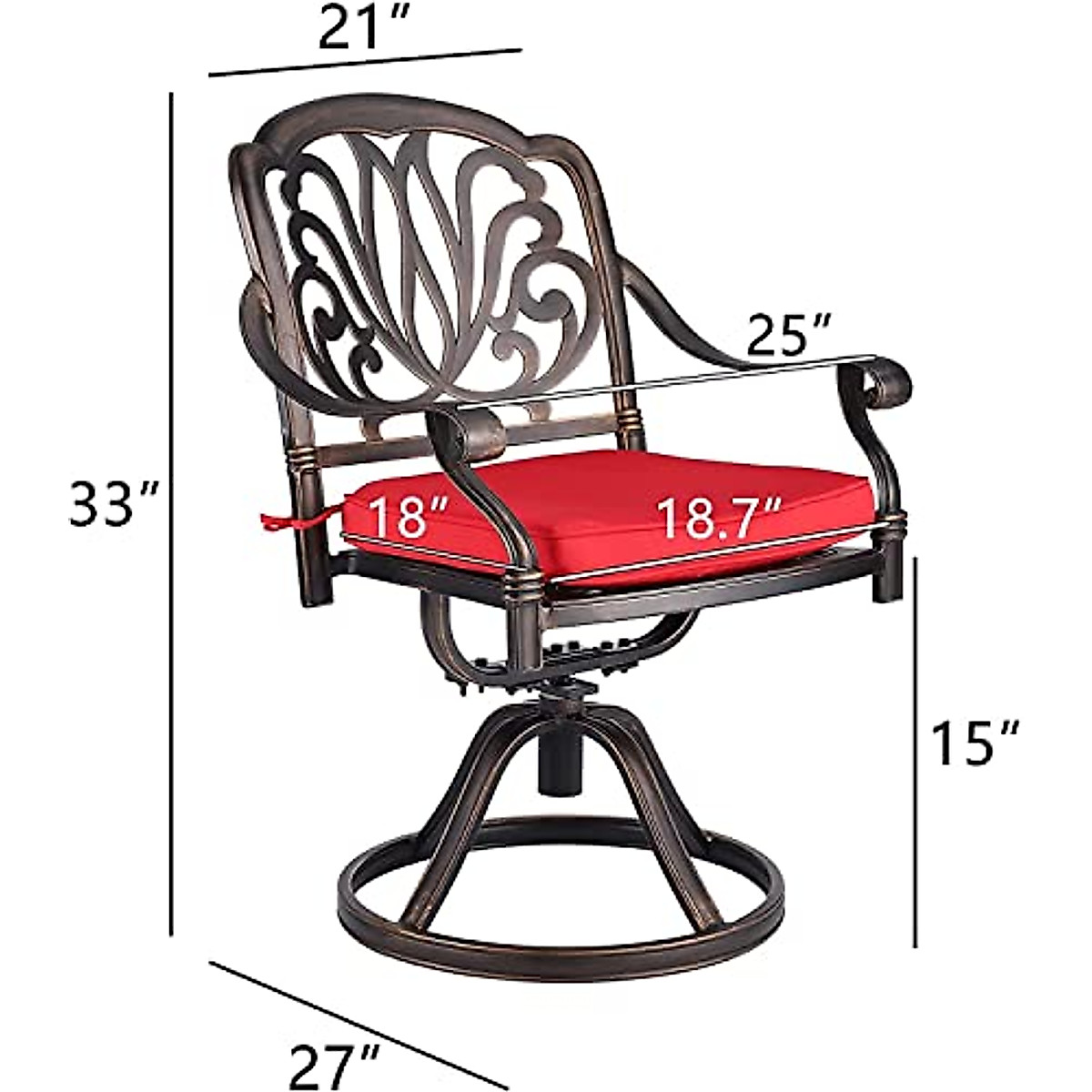 LEISU 2 Piece Cast Aluminum Bistro Dining Chair Outdoor Bistro Chairs for Home Patio Garden Deck (2 Swivel Rocker Chairs with Red Cushions)