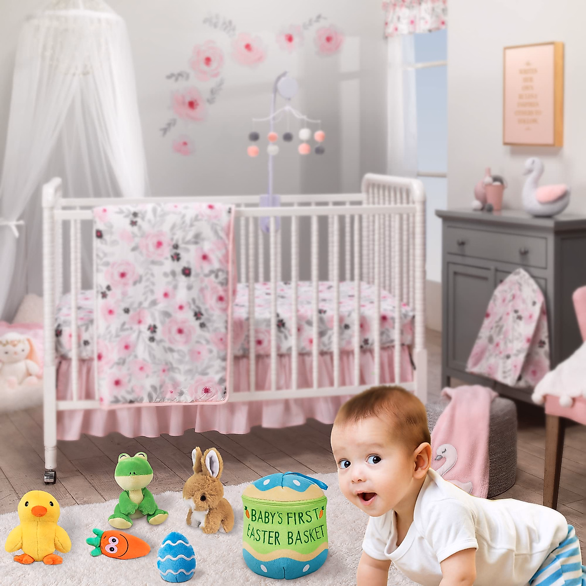 Bunny Chorus Baby's First Easter Basket Playset 6ct, Egg-shaped Basket with Embroidered 'Baby's First Easter', Stuffed Plush Bunny Chick Carrot Frog Egg for Kids Baby Girls Boys, Easter Stuffers Gifts