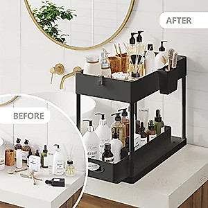 Under Sink Organizers and Storage, Bathroom Cabinet Organizer, Sink Shelf with Utility Hooks and Side Caddy for Under Cabinet Storage | Under Kitchen Sink Organizer with Sliding Drawer, Black (1-Pack)