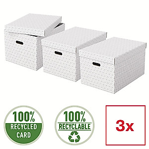 Esselte Large Storage Box With Lid, Pack Of 3, Home/Office Storage & Organisation, 100% Recycled Cardboard, 100% Recyclable, Geometric Design, White, 628286