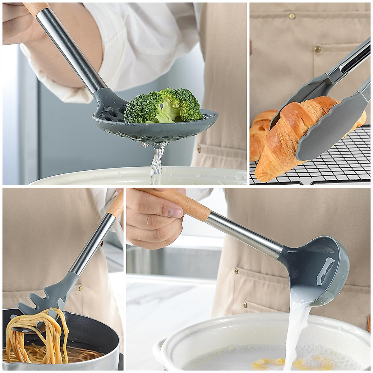 Silicone Cooking Utensils Set, 8pcs Cooking Nonstick Cookware With Wooden Handles and Holder for New Apartment Decor Gadget & Kitchen Tool Gift Sets (Grey)