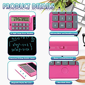Hion Calculators,12-Digit Large Display Rechargeable Pocket Office Desktop Calculator with Erasable Wiriting Tablet,Mute Basic Desk Calculators with Doodle Pad for Student Home School,Pink