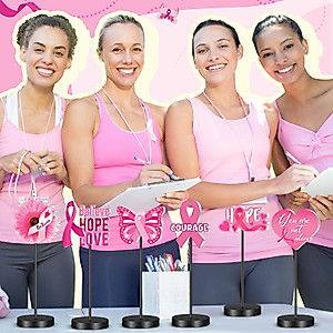 DoubleFill 6 Pcs Breast Cancer Awareness Decorations Standing Table Centerpieces Pink Ribbon Wooden Table Signs Fight Breast Cancer Party Supplies Pink Breast Cancer Decor for Charity Survivor Favors