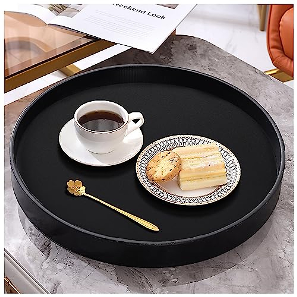 Round Solid Wood Serving Tray Extra Large Tea Coffee Snack Food Meals Serving Plate Non-Slip Kitchen Party Bar Server Breakfast Tray with Raised Edges (16inch/40cm) Black Decorative Ottoman Tray