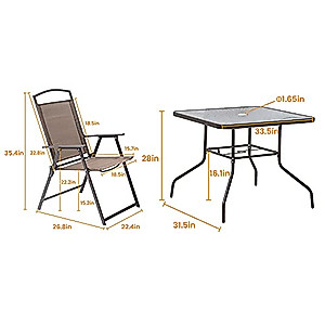 Crestlive Products 5 Piece Patio Dining Set with 4 Folding Chairs and Table Outdoor Dining Furniture with Square Glass Tabletop, Umbrella Hole for Bistro, Garden, Backyard, Deck (Brown)