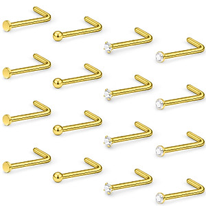 Hoeudjo Nose Rings L Shaped Nose Studs Surgical Steel 18G 1.5MM Clear Crystal Nostril Ring Body Piercing Jewelry for Women Men Gold-Tone 16 Pieces