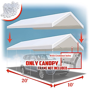 BenefitUSA 10x20' Waterproof Upgraded Carport Replacement Canopy Only Garage Top Cover Tent Shelter Tarp with Ball Bungee Cords,Frame is not Included White