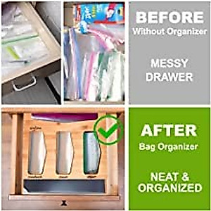 JMJ Ziplock Storage Bag Organizer for Kitchen Drawer, Pantry, Countertop. Bamboo Dispenser Fits Gallon, Sandwich, Quart, Snack. Fits 12" Foil or Plastic Wrap Roll