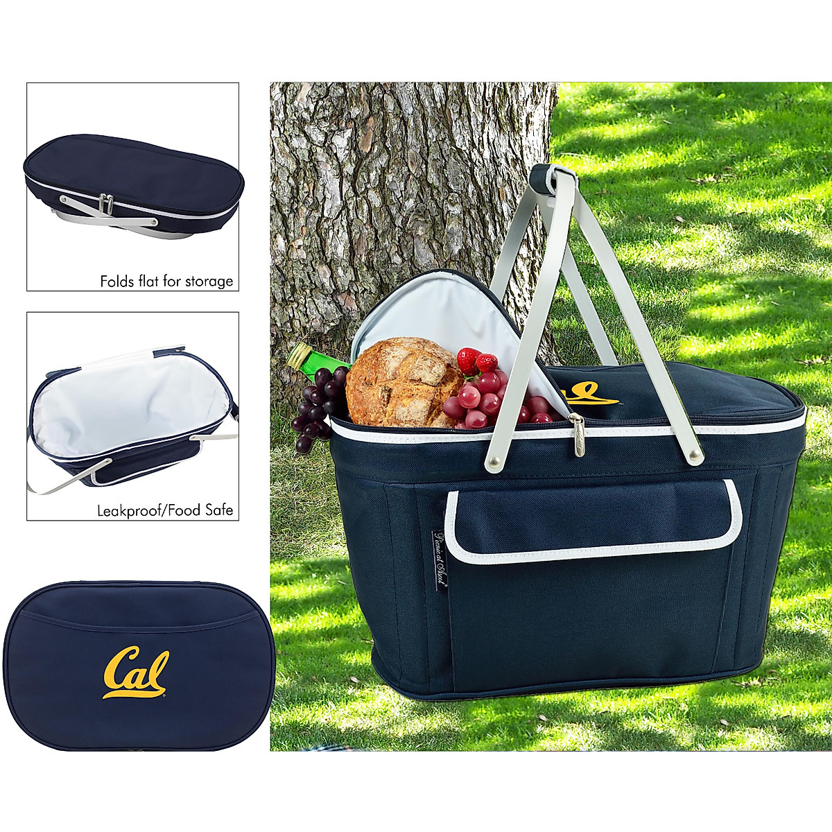 California Berkeley University Licensed Golden Bears Patented Insulated Folding Picnic Basket Cooler- Designed & Quality Approved in The USA