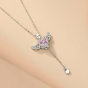 Keopun Pink Crystal Angel Wings Heart Pendant Necklace, 925 Sterling Silver Angel Wings Necklace with Swing Wings, Angel Necklaces for Women (2Pcs)