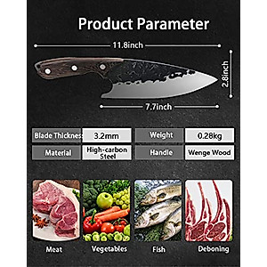 Carimee Japanese Forged Boning Knife with Sheath, Viking Husk Knives for Meat Cutting, Cooking Kitchen Knife with High Carbon Steel, Small Meat Cleaver for Camping BBQ