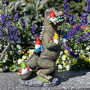 Malister 14 Inch Dinosaur Gnomes Garden Statues for Fall Winter Garden Decor, Garden Gnomes Statues Outdoor Decor, Outdoor Statues for Patio, Lawn, Yard Decorations Outdoor, Housewarming Garden Gifts