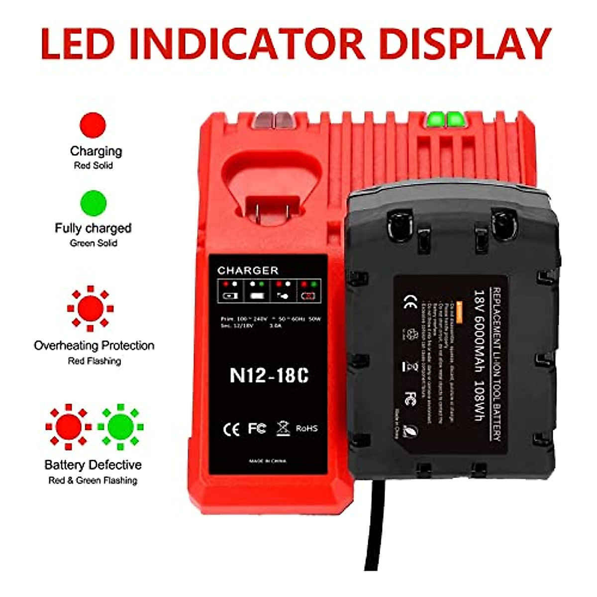 6.0Ah 18V Battery and Charger Replacement for Milwaukee M18 Battery Charger Kit, Compatible with M12 M18 Milwaukee Batteries Charger 48-59-1812, Milwaukee 18V Battery 48-11-1852 48-11-1815 48-11-1820