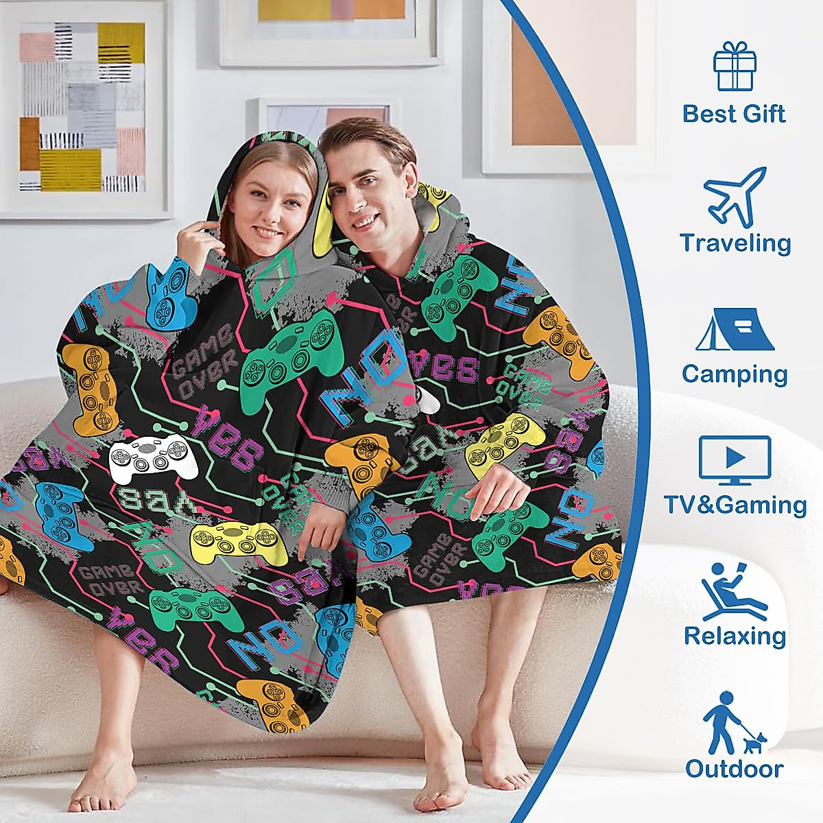 Sleepwish Gaming Wearable Blanket Modern Sweatshirt for Boys, Colorful Gamepad Blanket Hoodie with Sherpa for Teens, Youth, Boys, Girls (Adults 63" x 39")