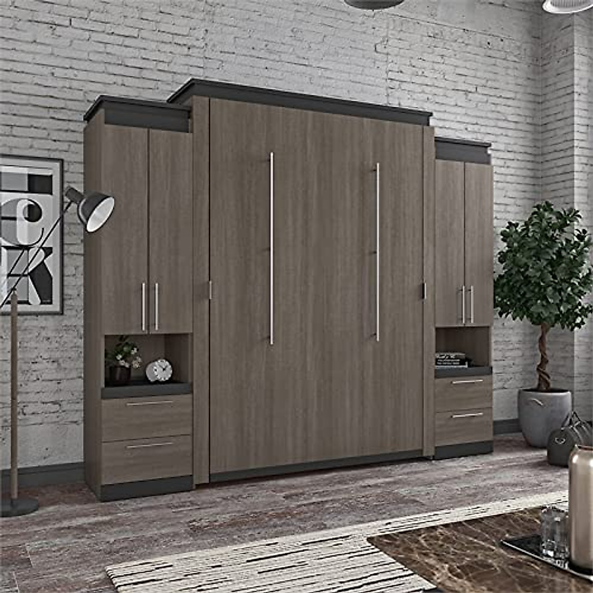 Atlin Designs 104" Queen Murphy Bed with 2 Storage Cabinets in Bark Gray