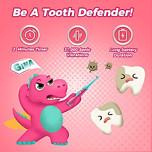 Papablic Dino Kids Rechargeable Electric Toothbrush for Ages 3+, Debby Bundle with Gina