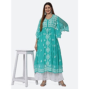 FAWOMENT Women's Lucknowi Chikan Embroidery Exclusive Panel Gown alongwith Kurti (S, Aqua Green)