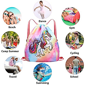 Luchike Drawstring Backpack for Kids - Girls Dance Bag,Sport Gym Beach Swim Travel Daypack With Two Water Bottle Holder