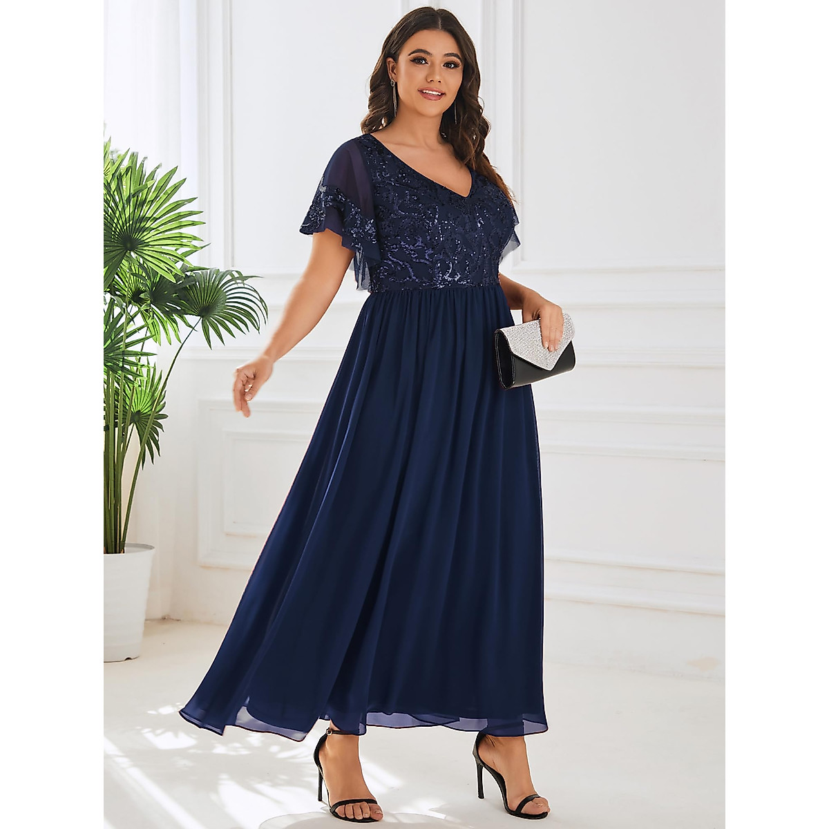 Ever-Pretty Plus Womens Plus Size Backless Ruffles Sleeves Sequin Appliques Maxi Chiffon Formal Evening Dress Navy Blue US26