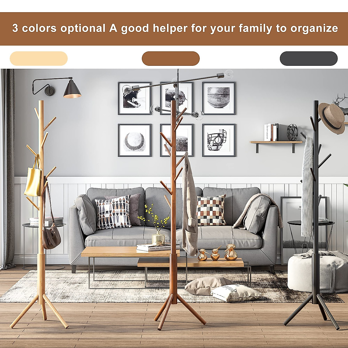 FILWH Bamboo Coat Rack Freestanding Adjustable Coat Tree with 3 Sections & 8 Hooks Easy to Assemble Coat Hanger Stand for Bedroom Office Hallway Entryway Bedroom Coat Rack（Natural）