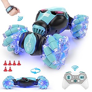 Powerextra Remote Control Car, 4WD 2.4GHz RC Stunt Car, Watch Gesture Sensor Car, Double Sided Rotating Off Road Vehicle 360° Flips with 2 Batteries, Deformable Electric Car Kids Toy Cars - Green